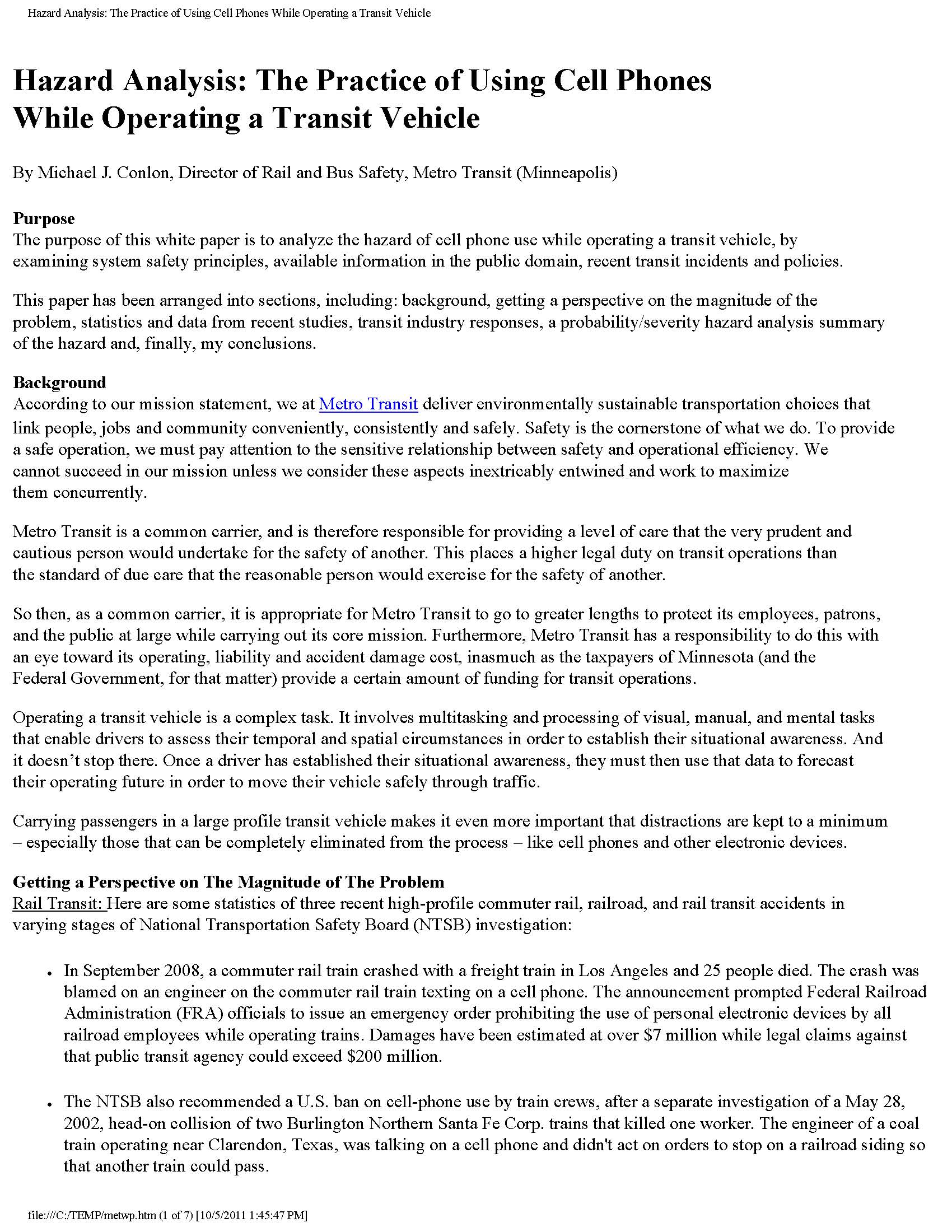Hazard Analysis: The Practice of Using Cell Phones While Operating a ...